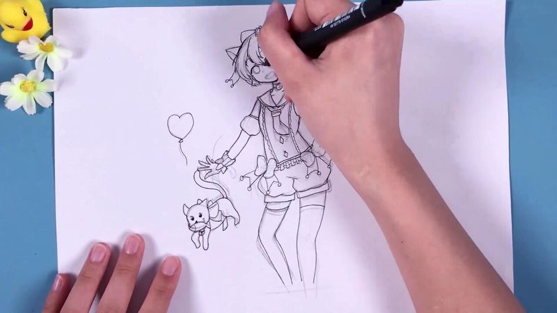 儿童简笔画,萌萌的小公主,她的猫咪也很可爱哦