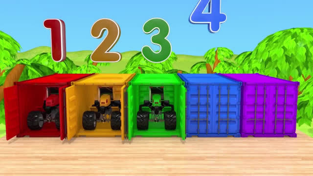 .怪兽卡车从集装箱里出来,碰到彩色球掉进染料池变颜色动画