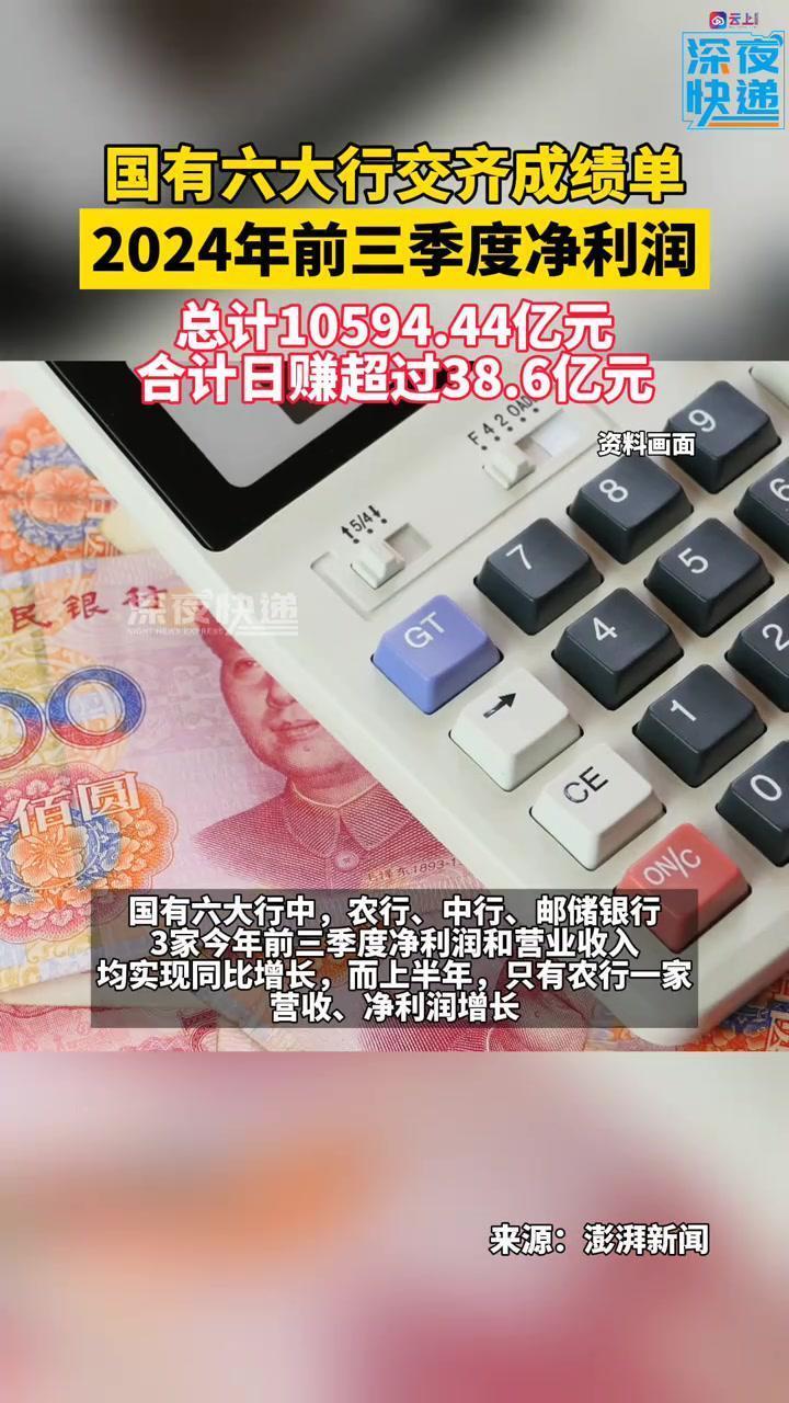 国有六大行交齐2024年前三季度成绩单:净利润总计10594.44亿元,合计...