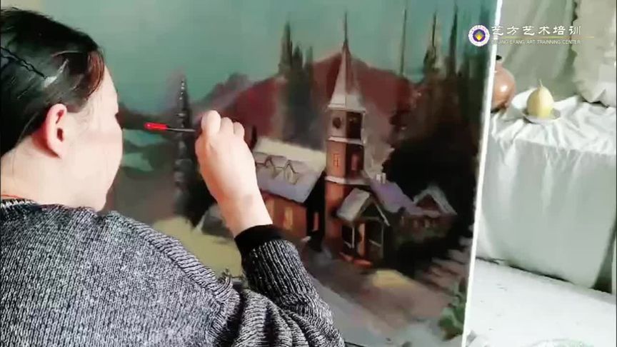 北京艺方美术培训学员 李颜油画风景绘画作品《圣诞夜》