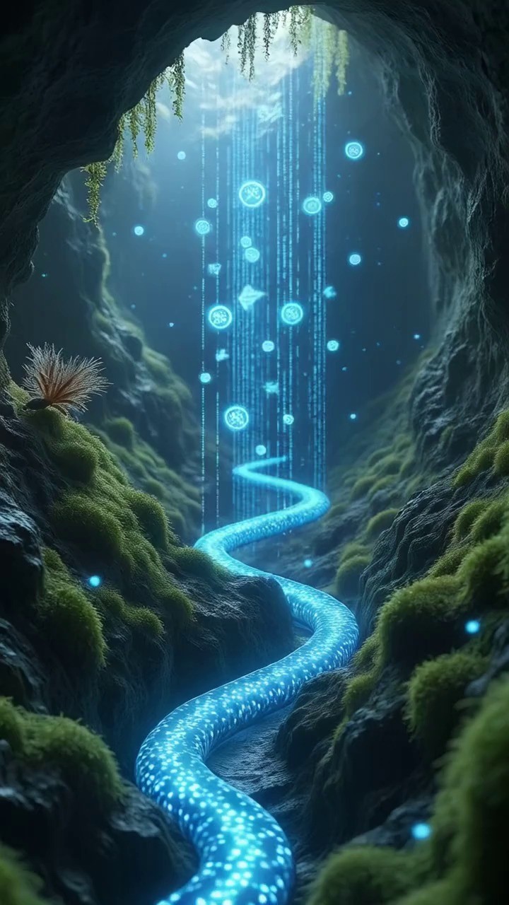 未来科技感地下洞穴,布满二进制代码流和发光电子符号,冷蓝色光纤在...