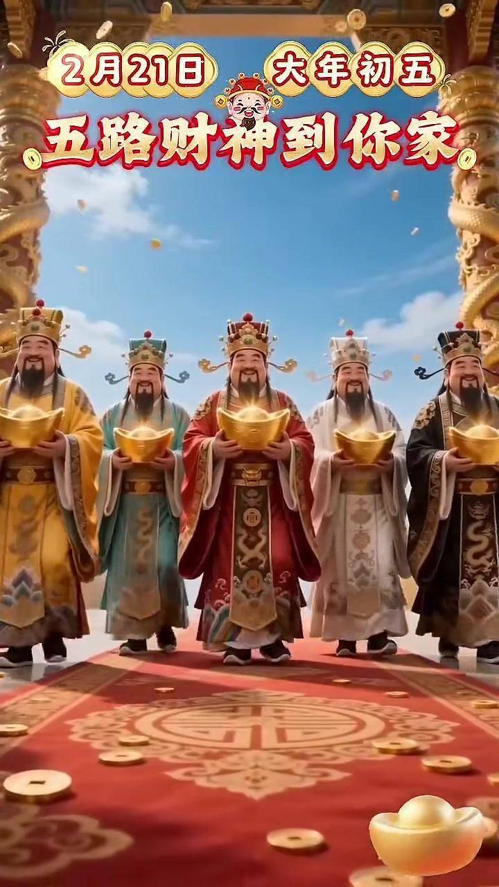 大年初五迎财神,一赐财,二赐福,赐来金银抱满怀,五路财神到你家,新年...