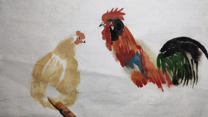 国画教程-重彩公鸡和淡彩母鸡的画法示范,画面生动,简约好学