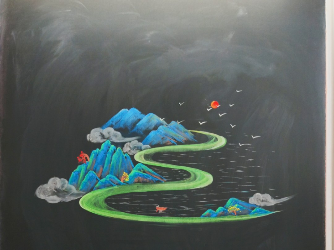 粉笔画山水插图
