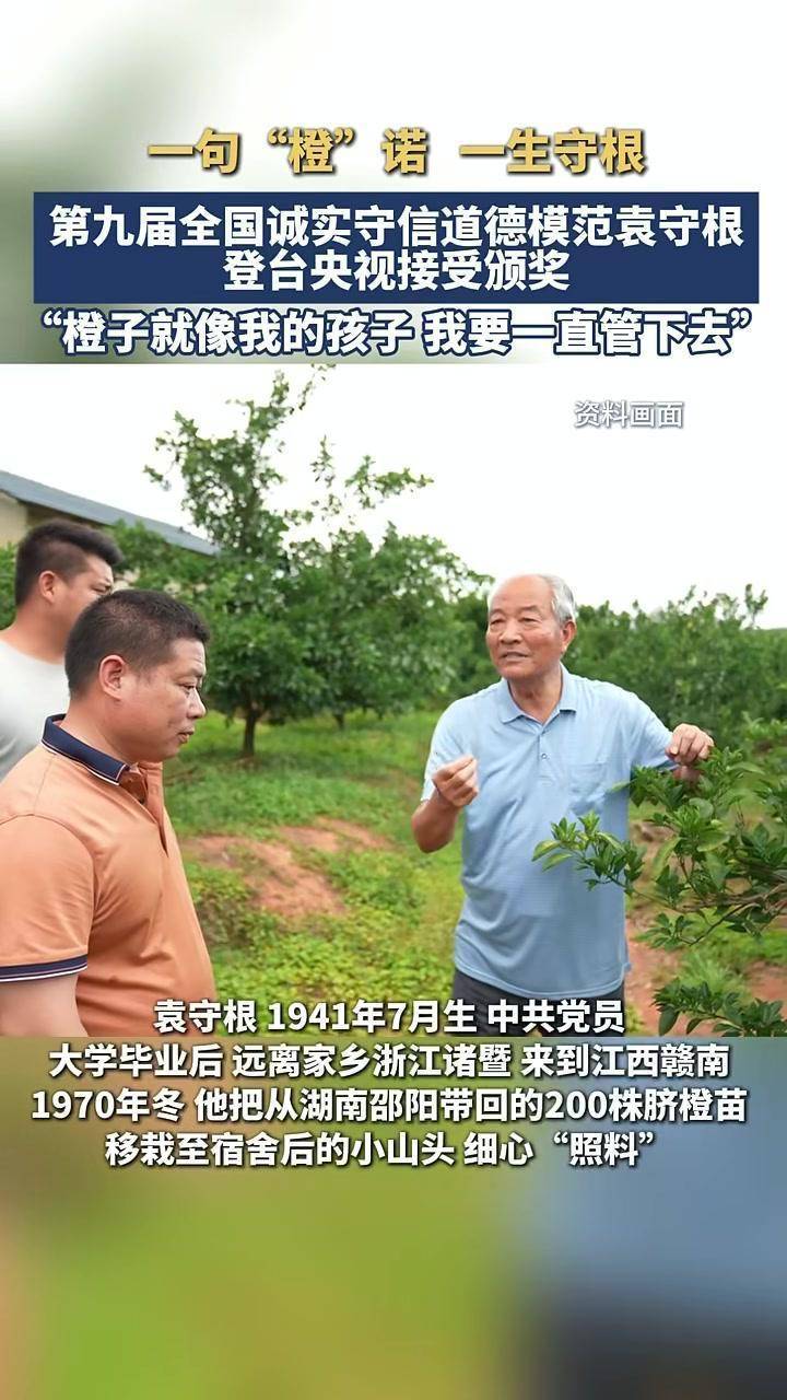 一句"橙"诺一生守根,第九届全国诚实守信道德模范袁守根登台央视接受...