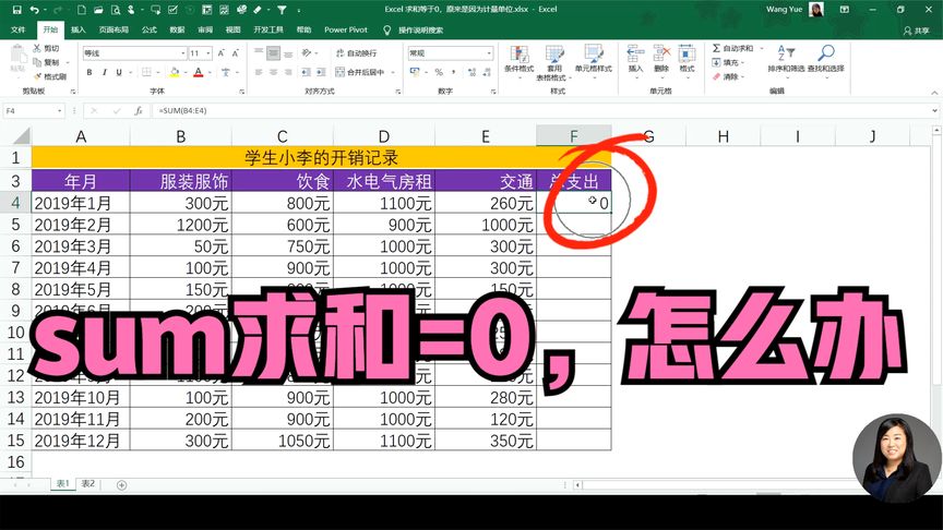 Excel求和sum,结果却=0,用这样的方法解决还能显示单位“元”