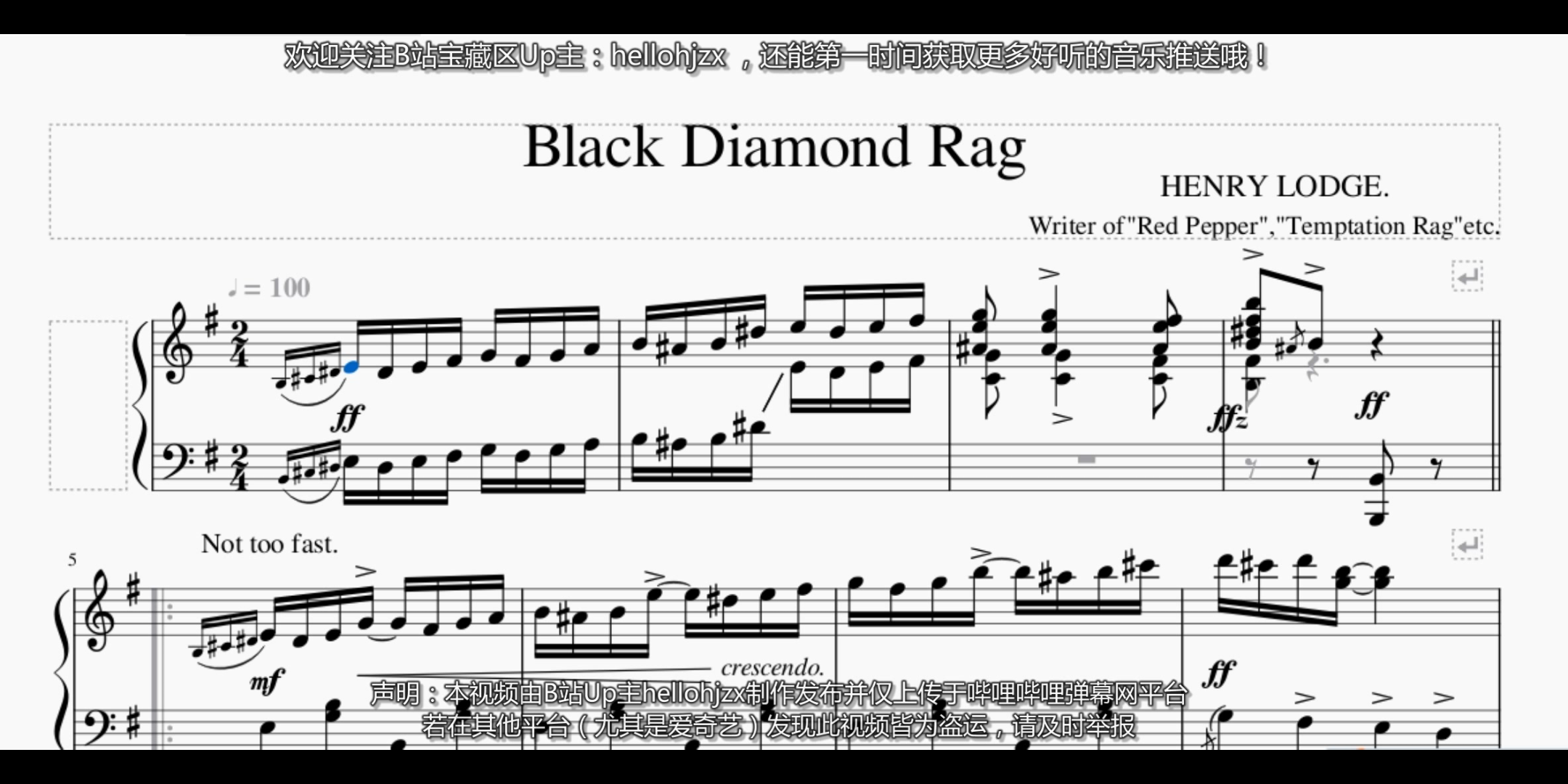 ...Henry Lodge:Black Diamond Rag(1912年发表的拉格泰姆二步舞曲)