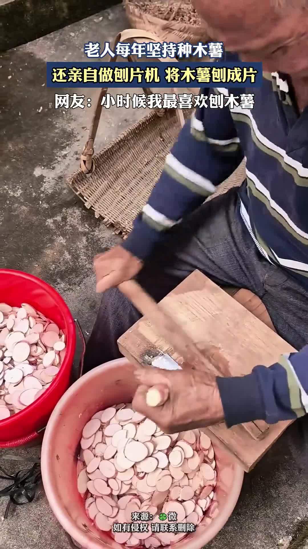 老人年复一年种木薯,自制刨片机将其刨成片