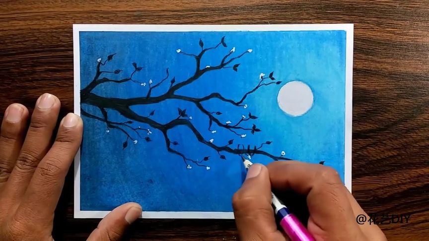 「绘画」:教你如何用油画棒画出美丽的月光下的景色「月亮」