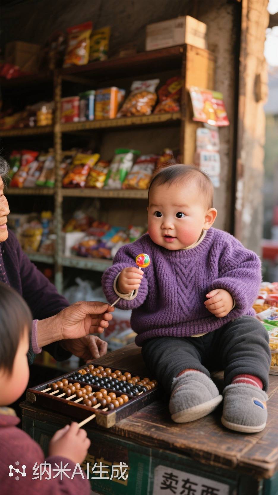 胖娃柜台当小老板,递糖拨算盘忙不停 #萌娃
