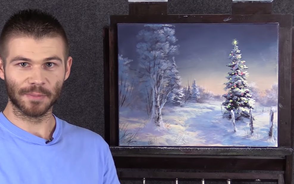 【油画教程】简单的丙烯圣诞树绘画