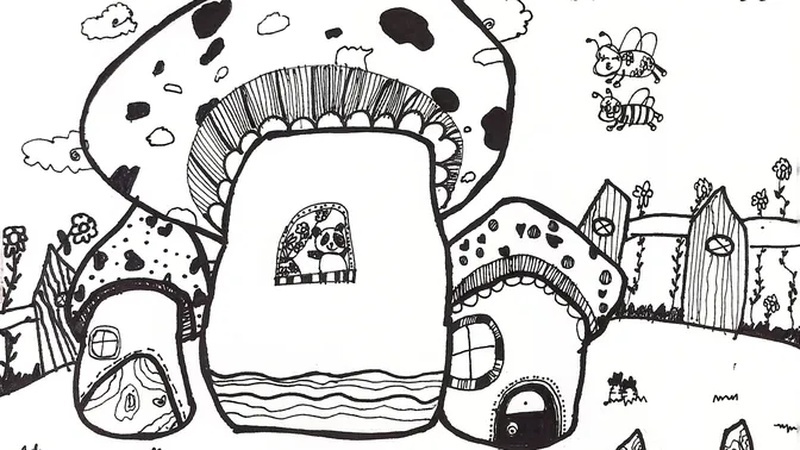 儿童创意画·线描小动物的蘑菇房子