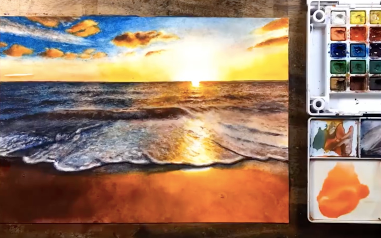 【水彩晚霞风景】海边的晚霞风景 Kembart Drawing