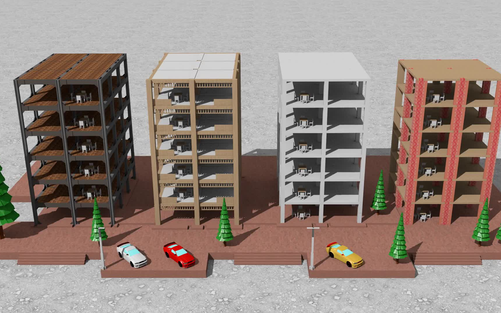 【建筑灾害模拟】四种结构的建筑的抗震效果(左→右:钢结构/木结构/...