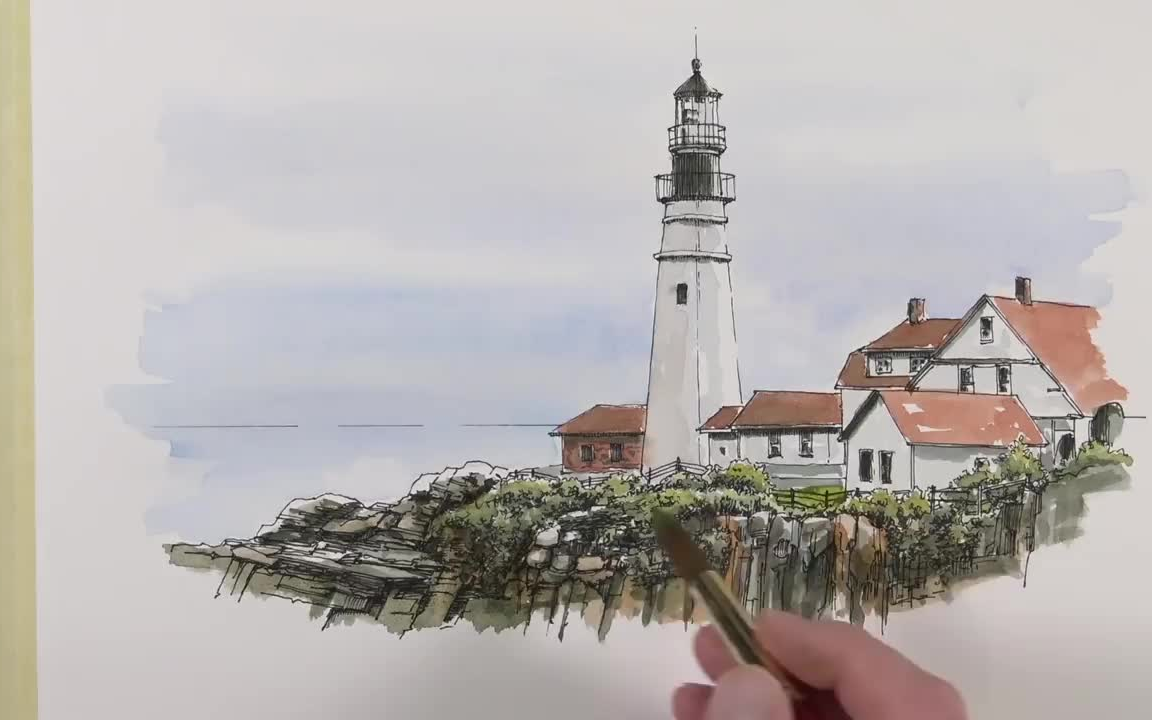 【水彩风景】结合针管笔和水彩的风景画