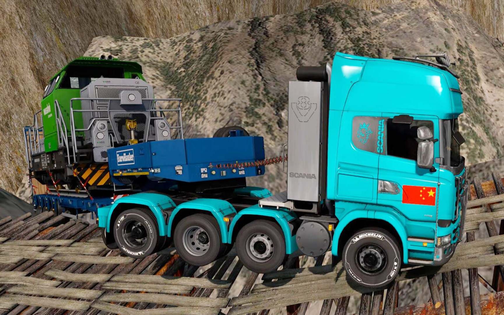 【4K欧洲卡车模拟2】崎岖抠脚的山路 运送61吨超重火车头