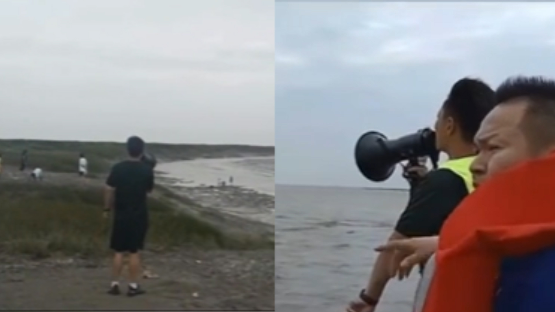 海水涨潮救援人员拿喇叭劝离游客,2人疑不听劝坚持观潮被困海中