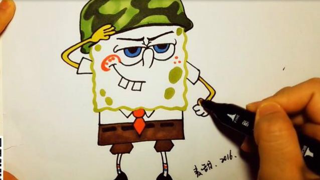 萌萌的海绵宝宝士兵突击——海绵宝宝卡通画儿童画简笔画