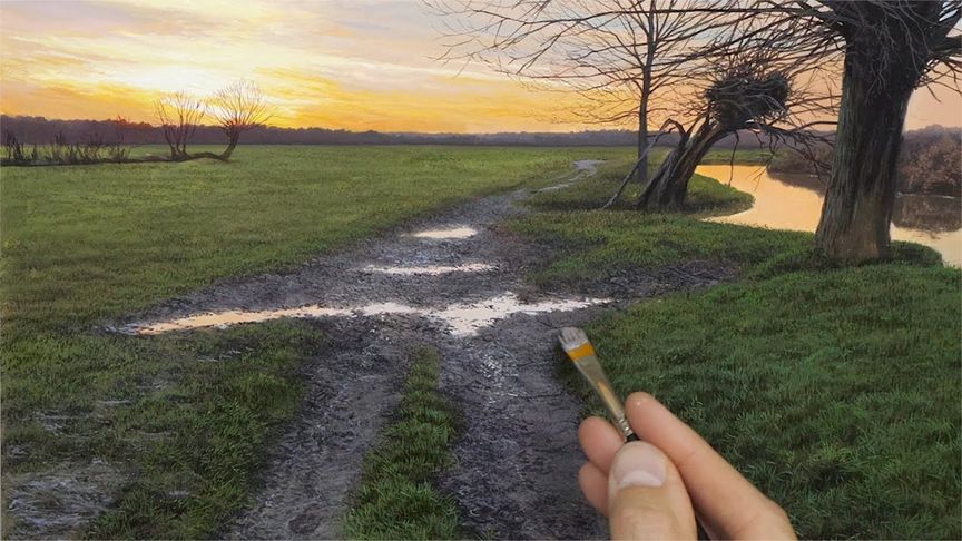 一幅风景画晚霞,丙烯颜料绘画,展示夕阳下的美丽风景