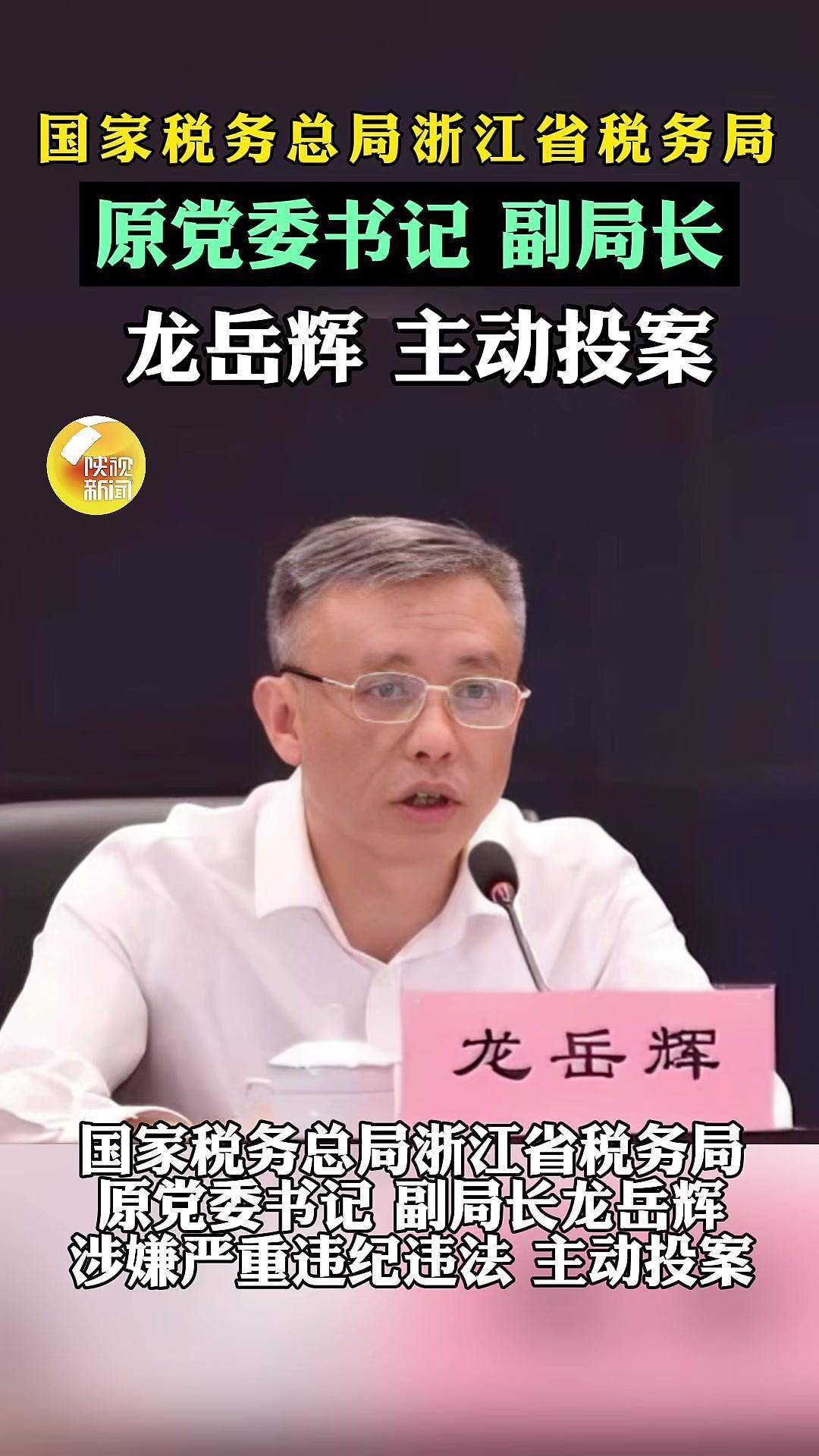 国家税务总局浙江省税务局原党委书记副局长龙岳辉主动投案。(陕西...