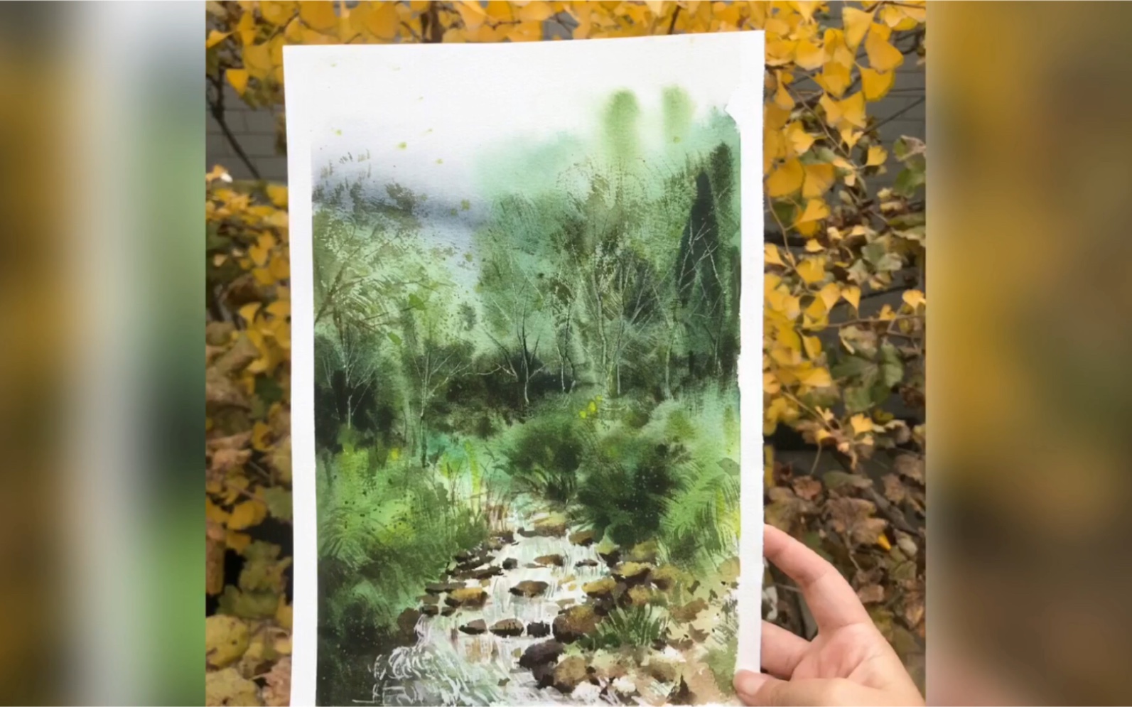 水彩风景教你用刀刮法画树