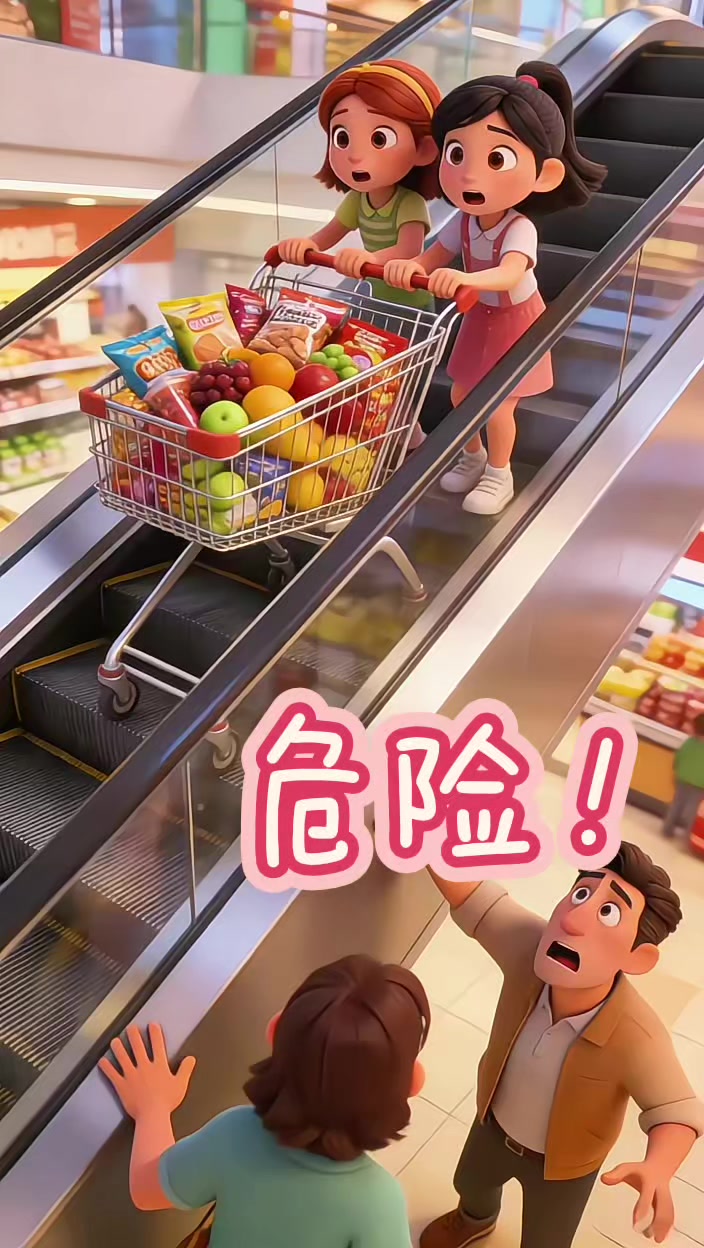 小朋友千万不能购物手推车推到电梯上哦,以免伤害到自己和其他行人,...