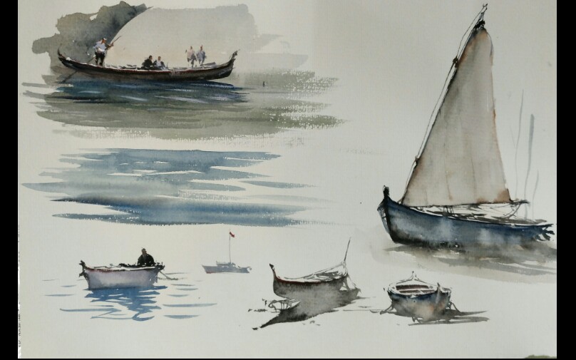 专业风景水彩之船只的专项训练