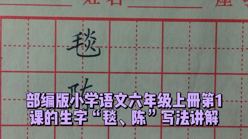 部编版小学语文六年级上册第1课的生字“毯、陈”写法讲解