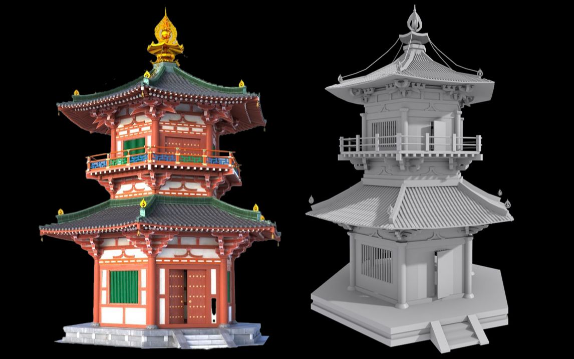 【3Dmax场景建模】古风建筑-玲珑宝塔制作,模型布线结构技巧教学