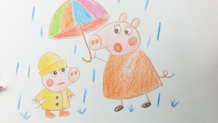 朵拉简笔画:下雨天,佩奇穿黄色雨衣,妈妈撑彩虹雨伞接她放学