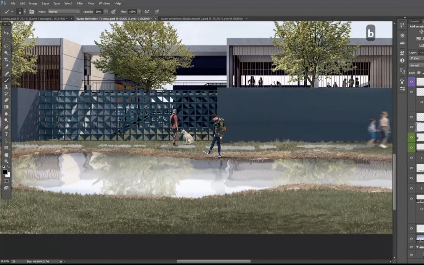 【作品表现教程】如何p水面倒影 ps效果图后期 技巧速成(中英双字)【...