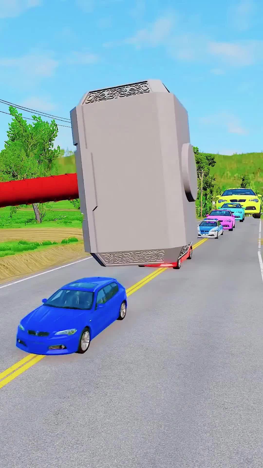 小汽车VS大铁锤#汽车动画 #惊险刺激 #儿童动画 #车祸模拟器