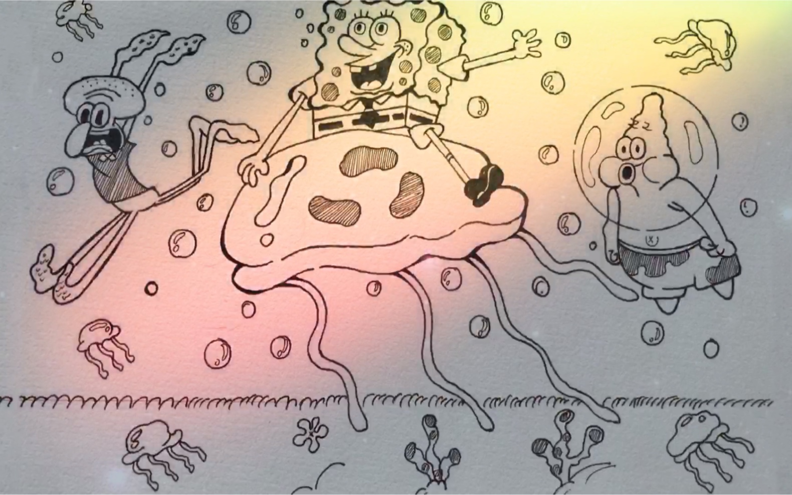 临摹黑白卡通简笔画 海洋里的派大星一家