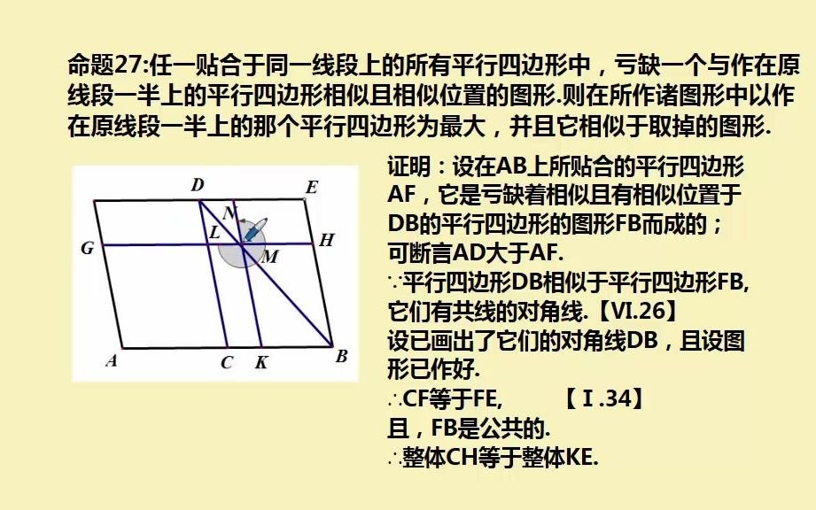 230几何原本第六卷:命题27:平行四边形亏缺中的相似与最值