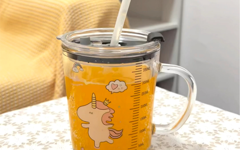 带刻度玻璃吸管牛奶杯子,防滑手柄耐高温