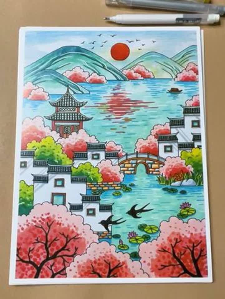 超美的古诗配画国风马克笔风景素材,适合二年级及以上学生 背面带...