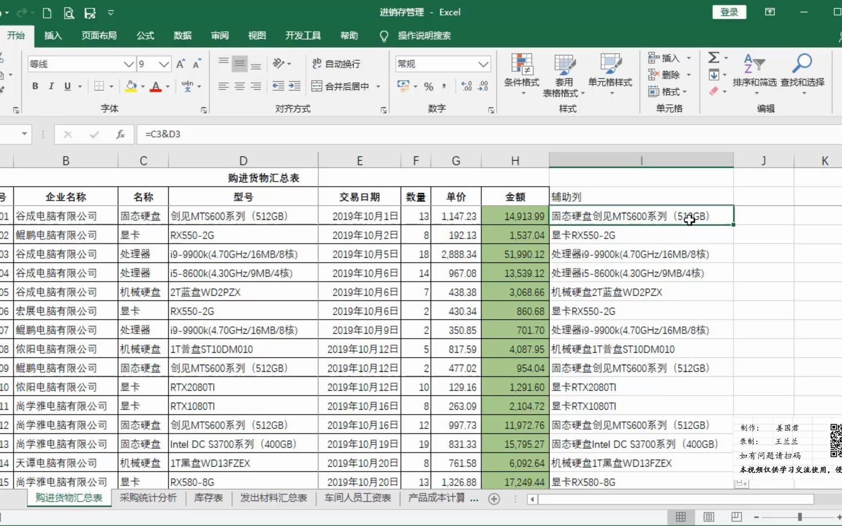 任务7.1.2 填制库存表的本期购入栏目