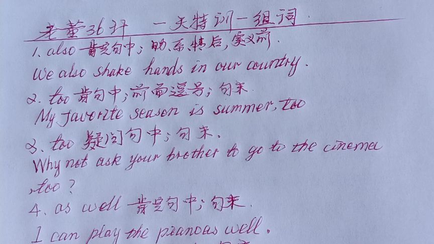 特训also,too,as well和either用法比较