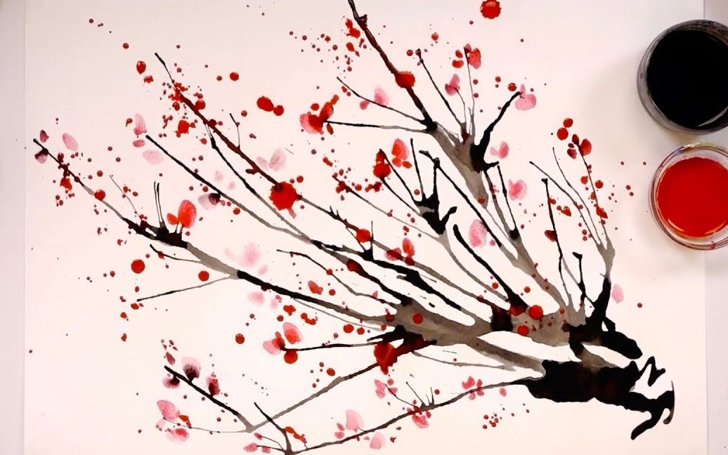 【水彩画】特殊的稻草绘画技术 - 如何轻松地绘制樱花树