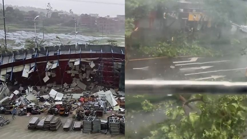 网友实拍福建台风肆虐现场:铁皮房屋瞬间被掀翻,街边大树全倒下