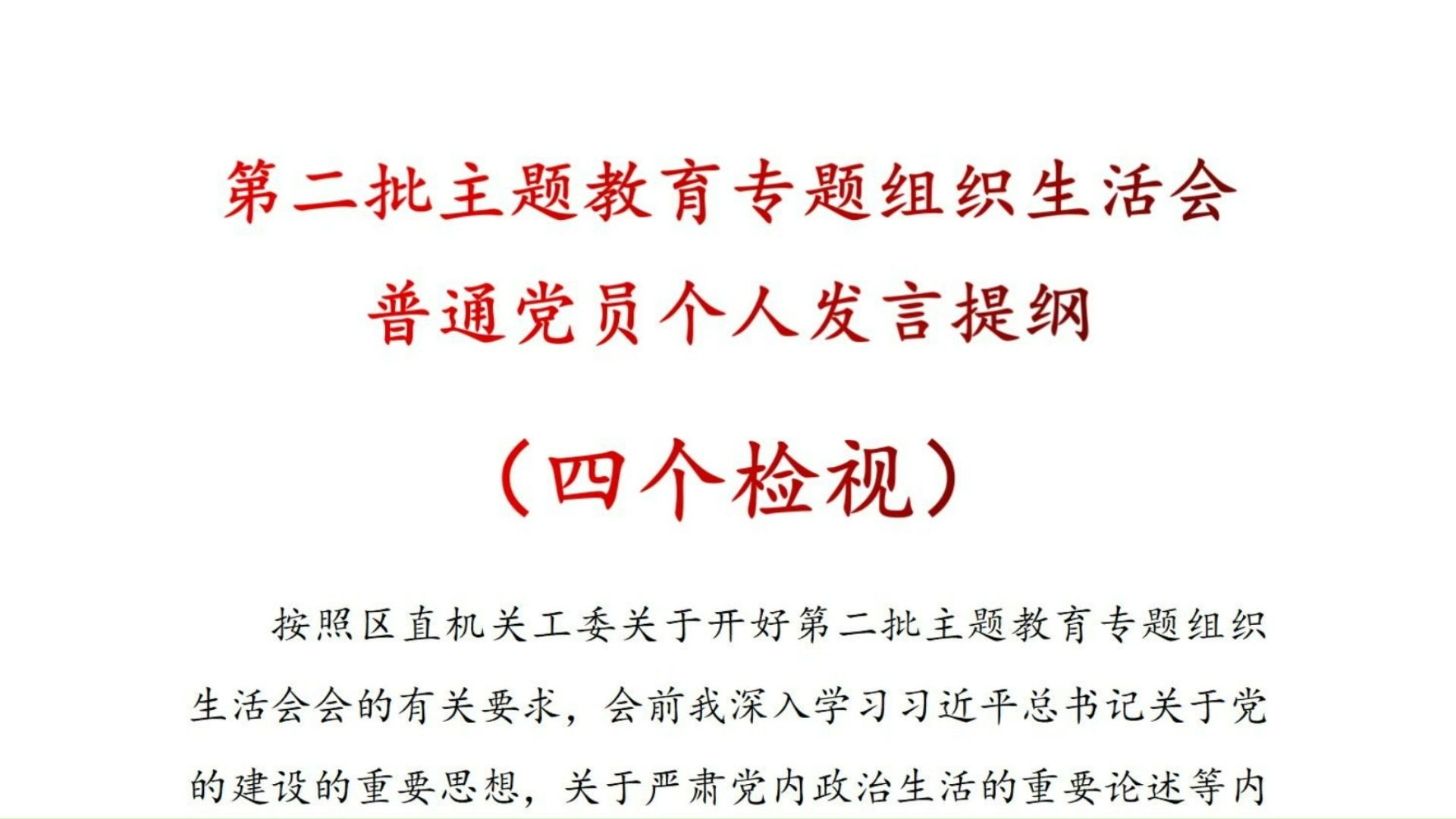 第二批主题教育 专题 组织生活会 普通党员 个人 发言提纲 (四个检视)、...