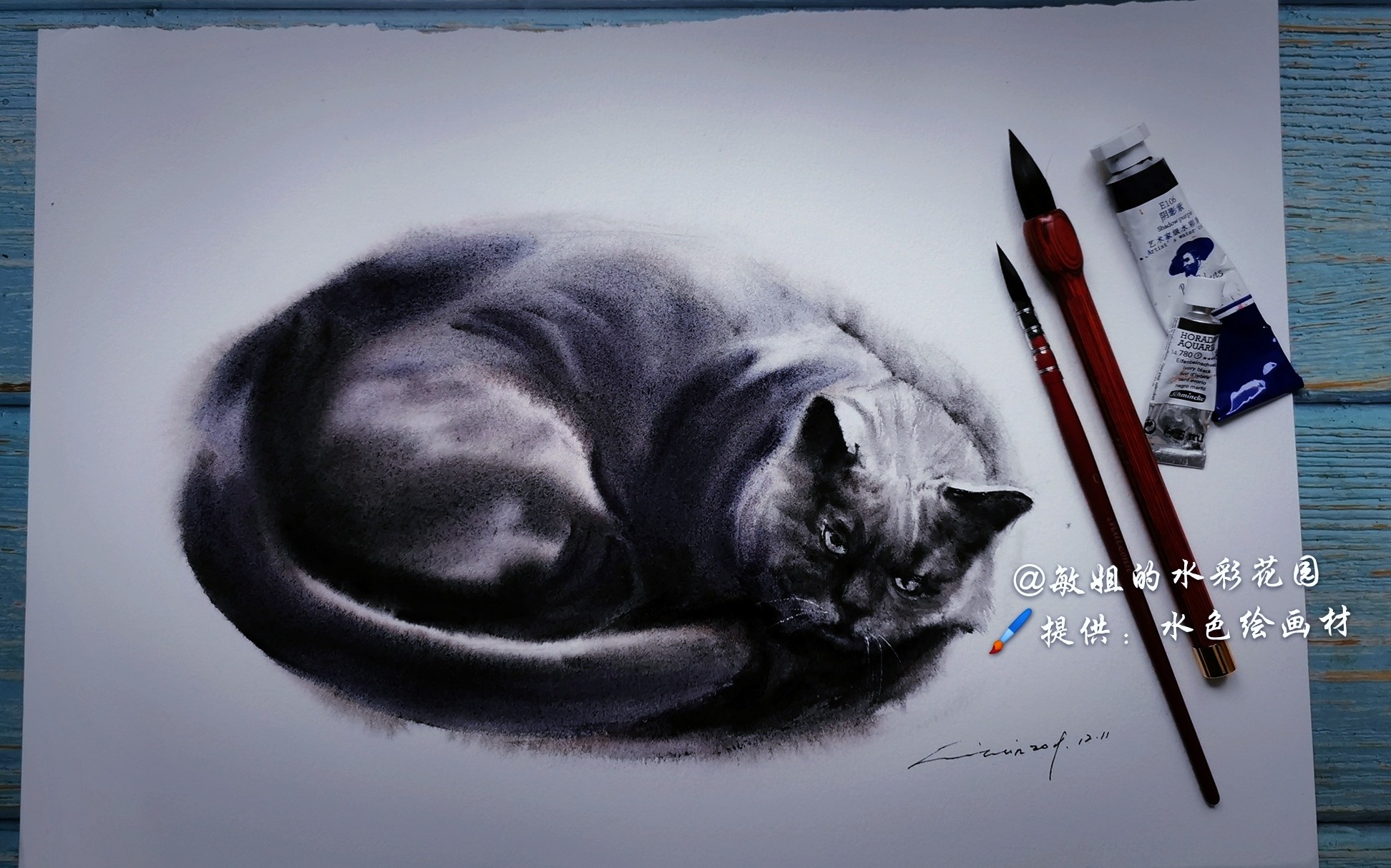 水彩——就是喵主子(萌宠湿画法),除了第一步看纸面的湿度,画起来毫无...