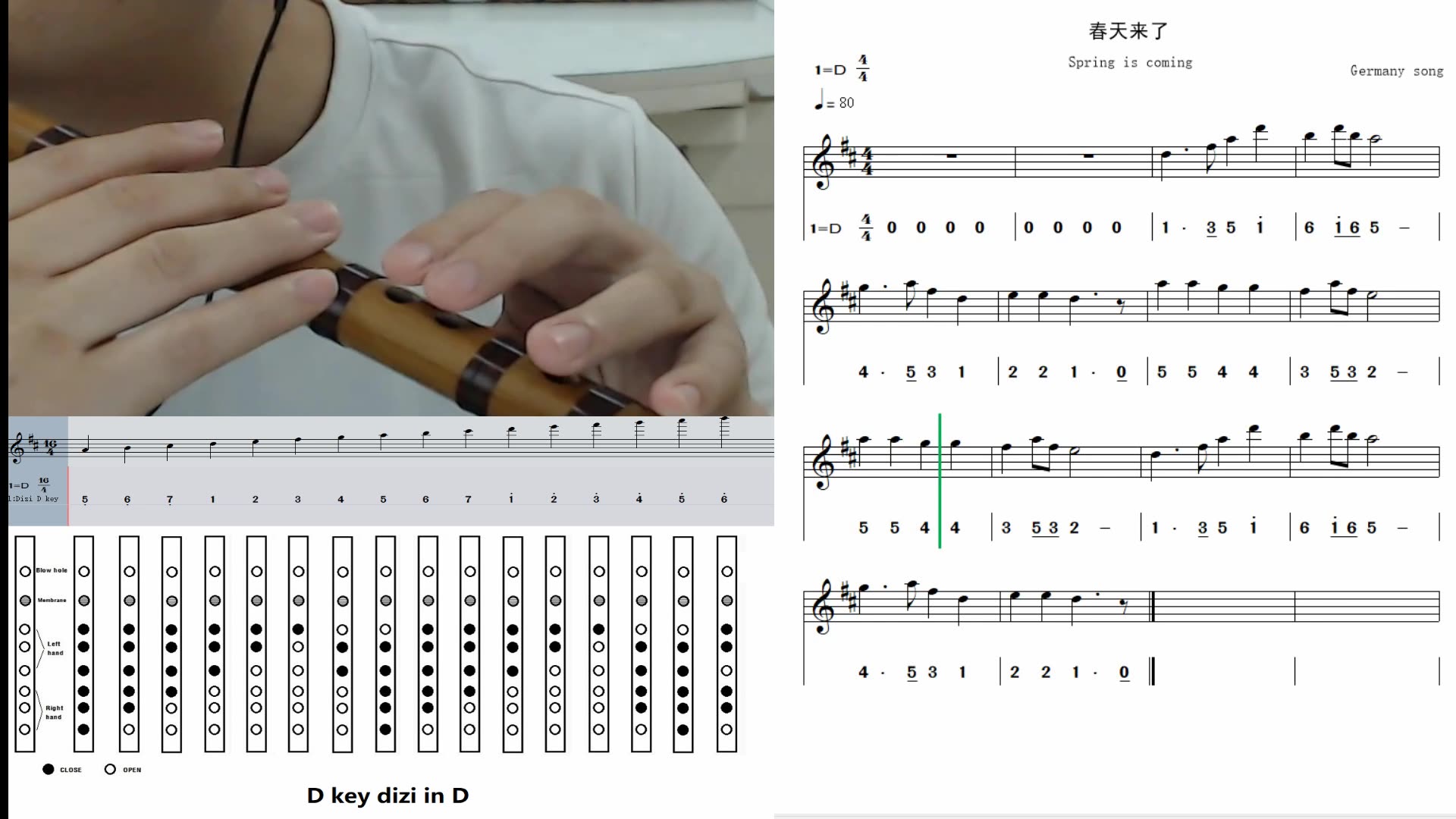 《春天来了》D调竹笛 动态乐谱(简谱+五线谱)全按作5 指法表练习