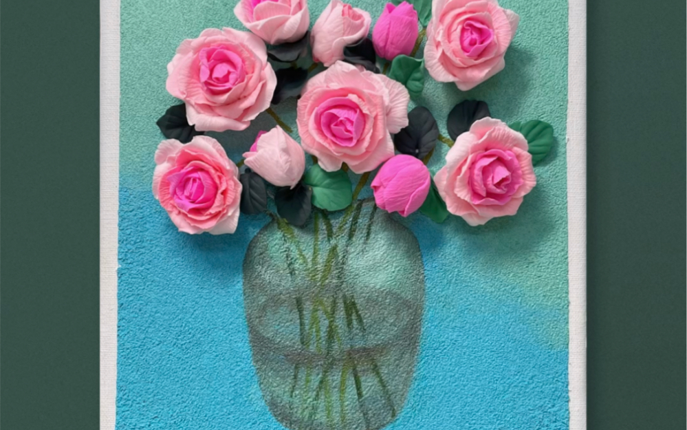 一束花的仪式感永远也不会过时,玫瑰花石英砂肌理画的绘画步骤。