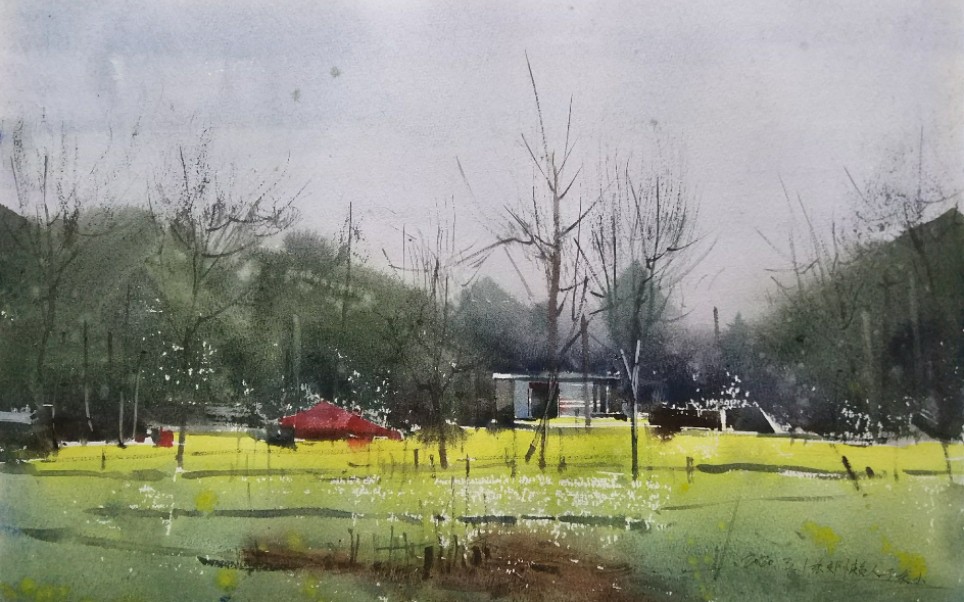 校园边的油菜花@_@水彩【懒人水彩】近日痕迹——水彩风景178(...