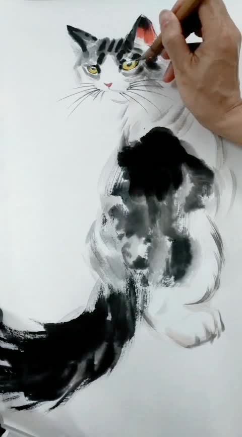 国画入门教程,写意动物猫咪画法#国画教程 #谁说国画不抖音 @抖音小...