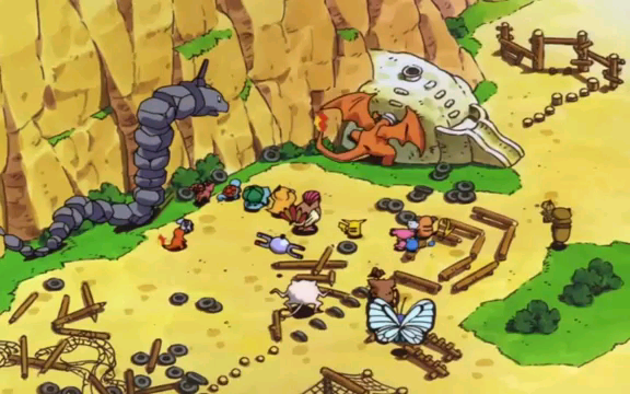 喷火龙的头被卡进管道里面,皮卡丘和它的神奇宝贝大伙们正在齐心协...