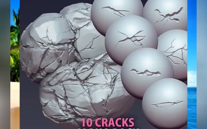 38款zbrush岩石墙壁裂缝裂痕Alpha笔刷zb岩石笔刷