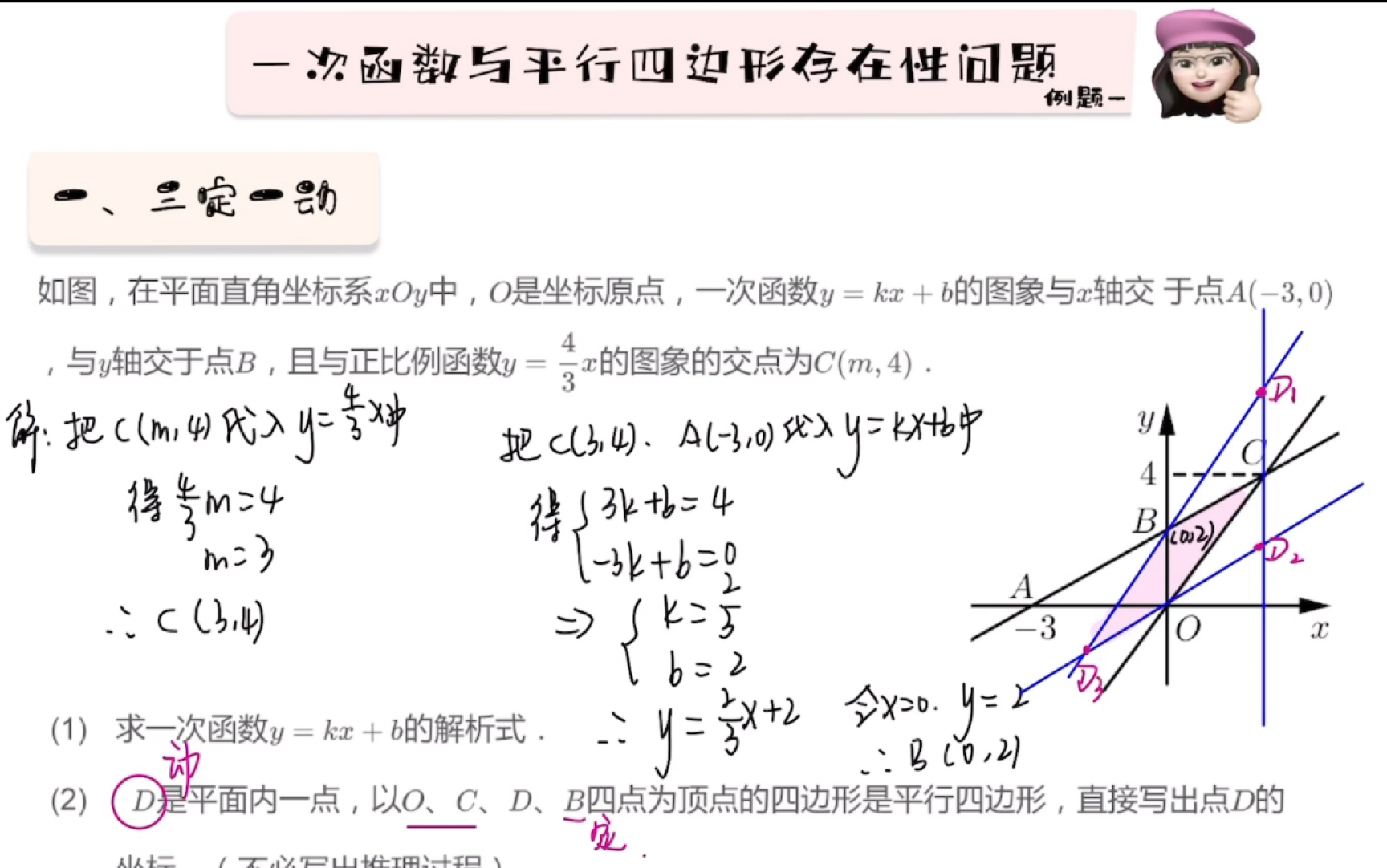 一次函数与平行四边形存在性问题 解题思路+例题 三定一动