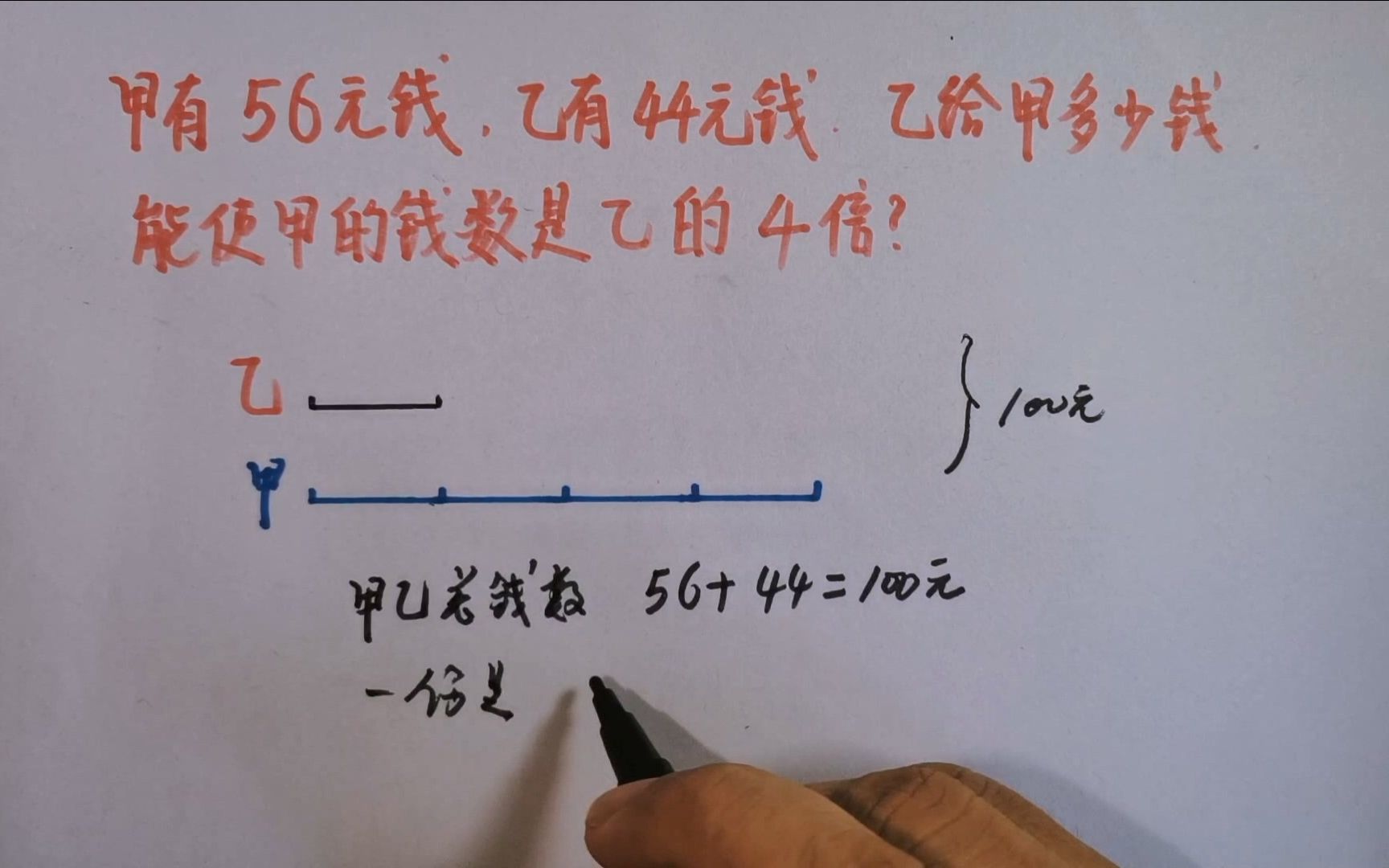 甲有56元,乙有44元,乙给甲多少钱,能使甲的钱数是乙的4倍?